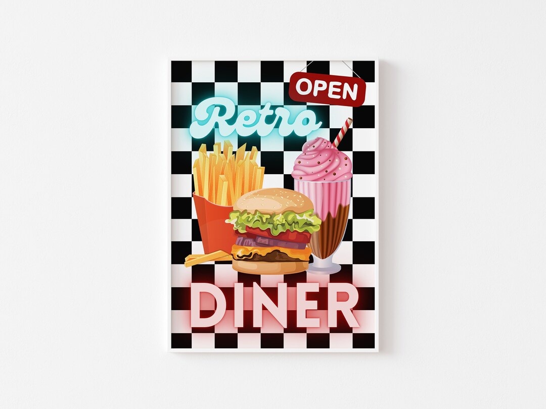 Retro Diner Print - Fun Kitchen Print, Burger Fries Milkshake, Retro ...