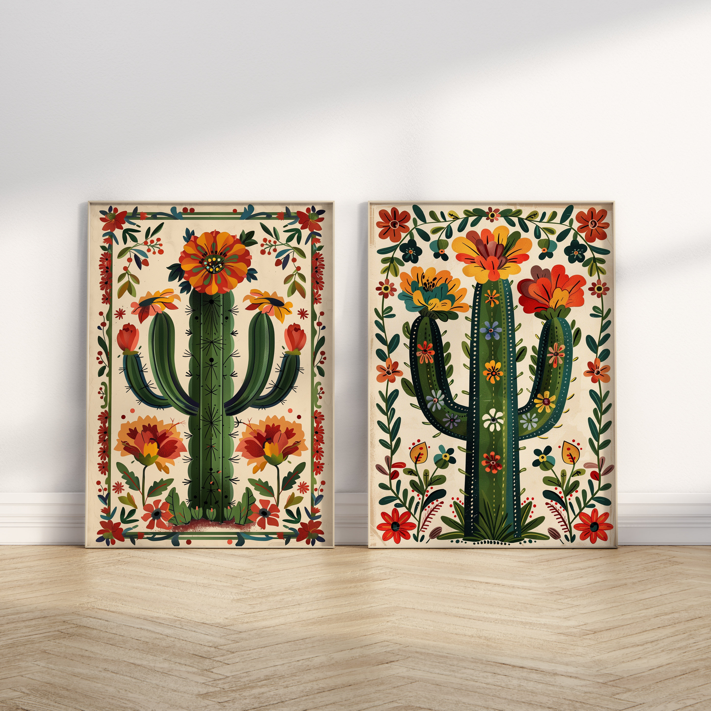 Mexican Cactus Set of 2 Prints, Colourful Traditional Folk Mexican ...