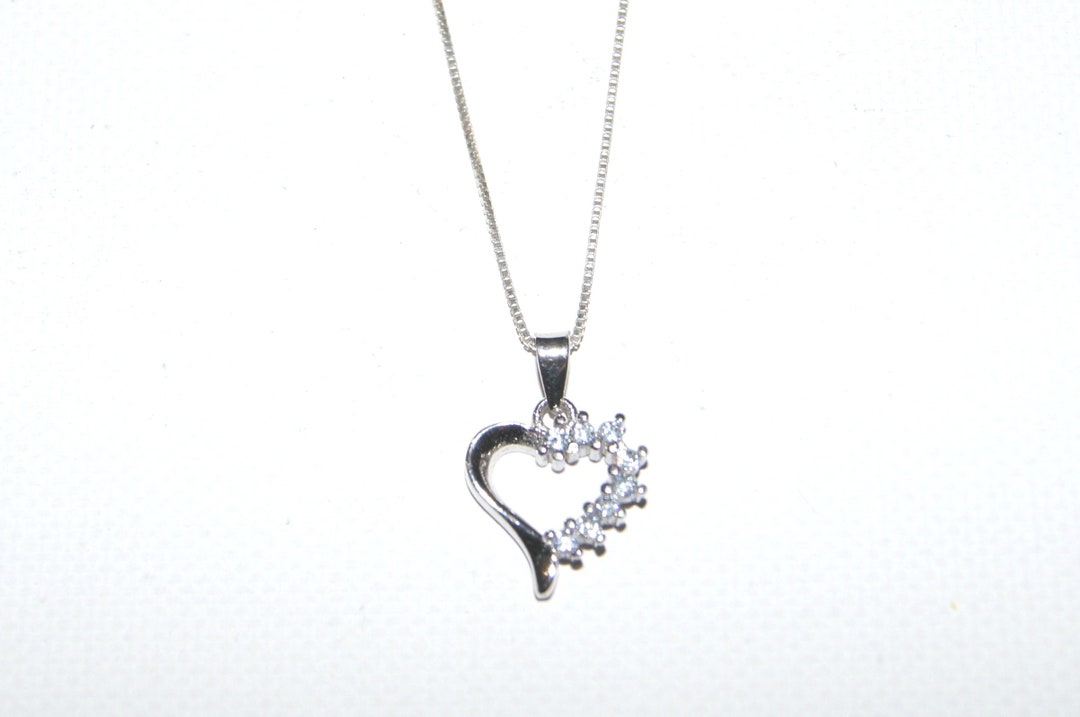 Sterling Silver Heart Necklace With CZ Pendant 18 Box Chain - Etsy