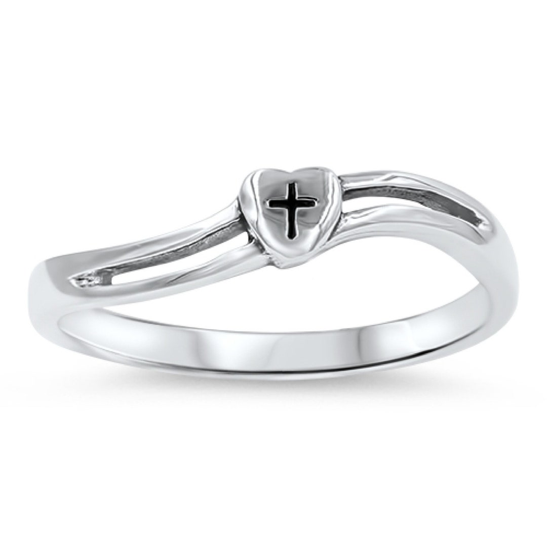 Sterling Silver Heart Cross Ring, Catholic Ring, Christian Ring, First ...