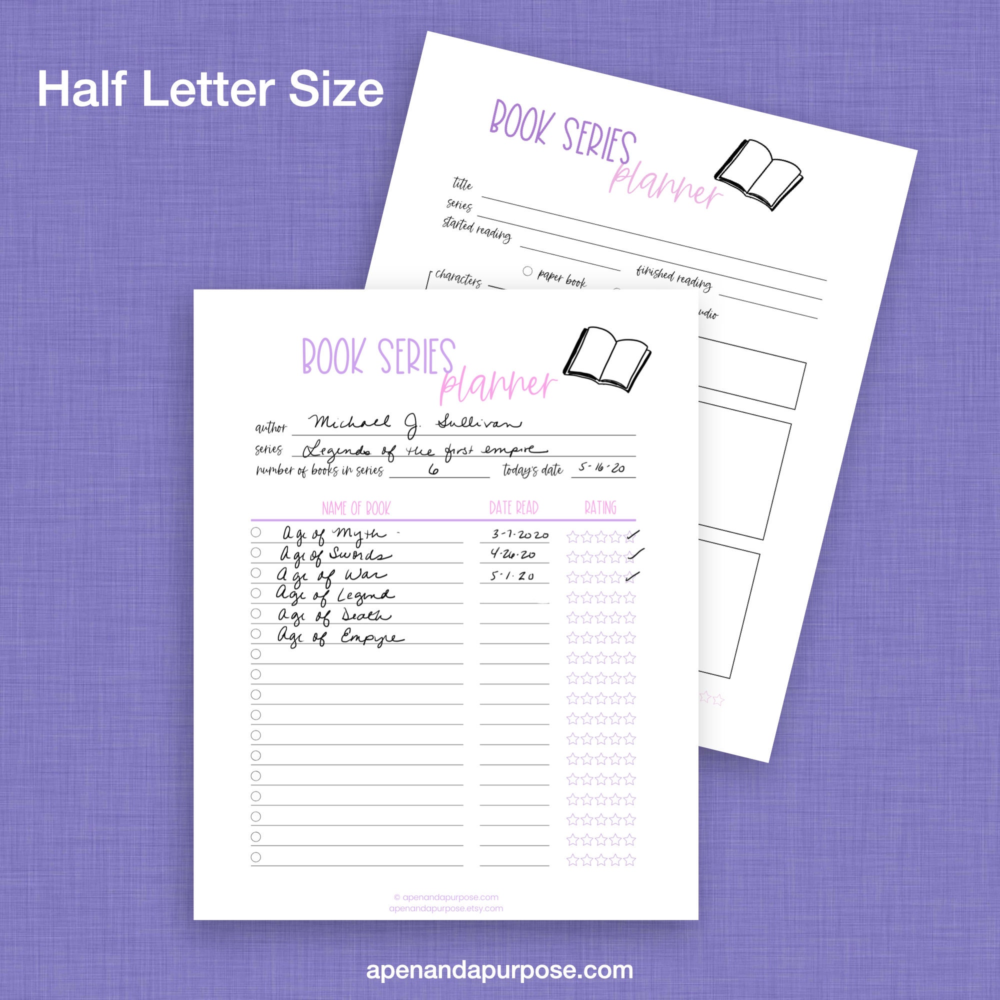 Half Letter Size Book Series Planner, Reading List, Series Tracker ...