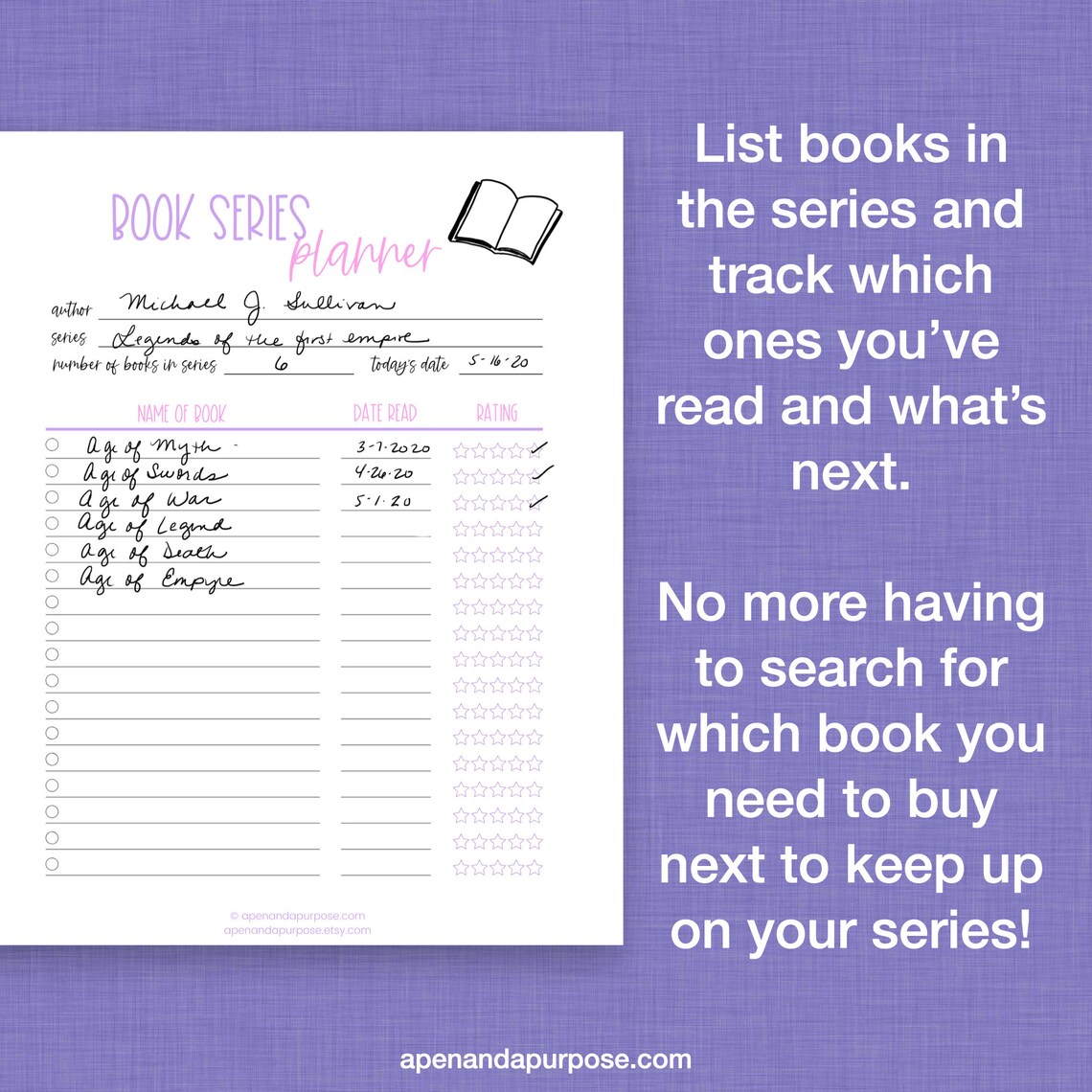 Book Series Planner Reading List Series Tracker Reading | Etsy