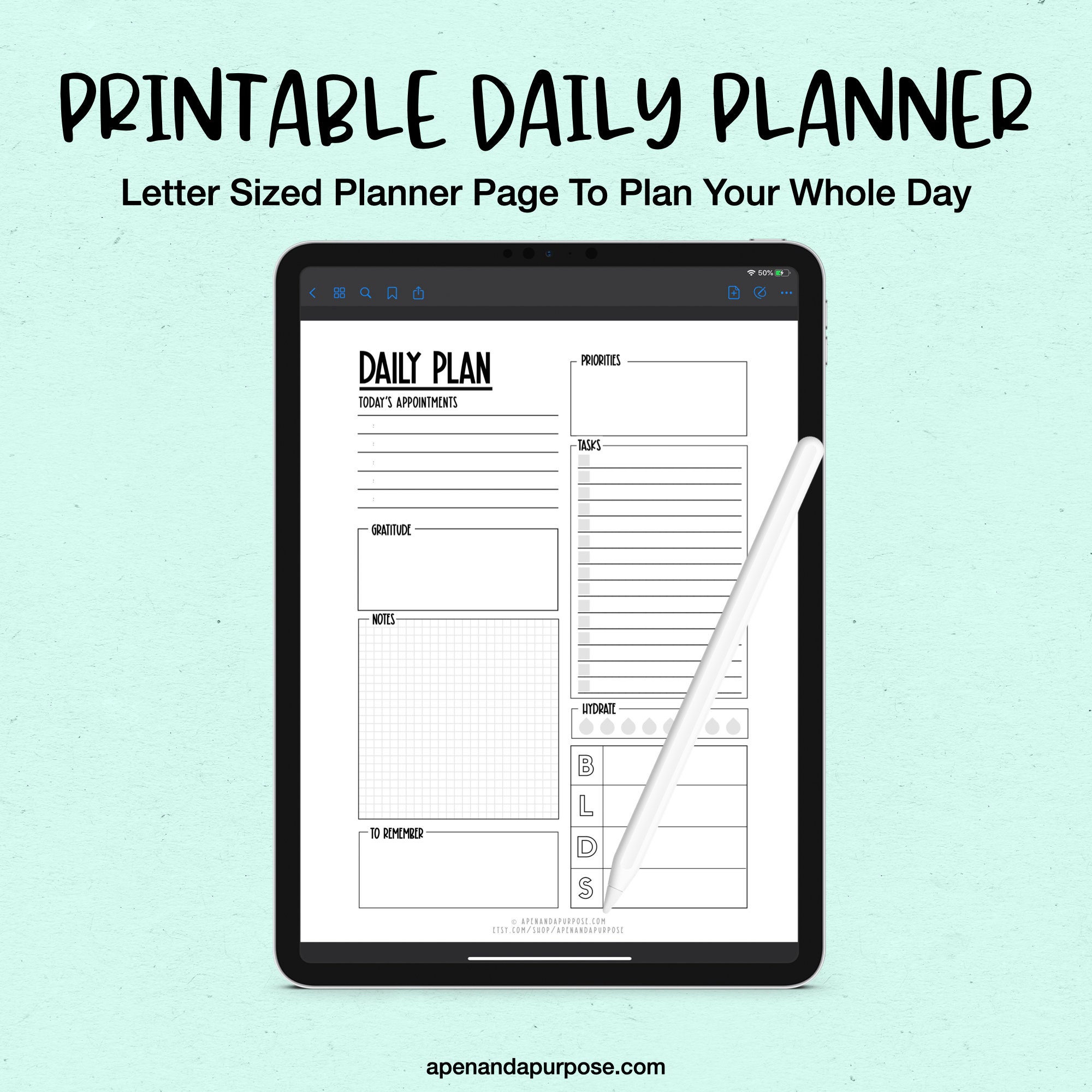 Printable Daily Planner PDF in Letter Size: the Daily Planner - Etsy