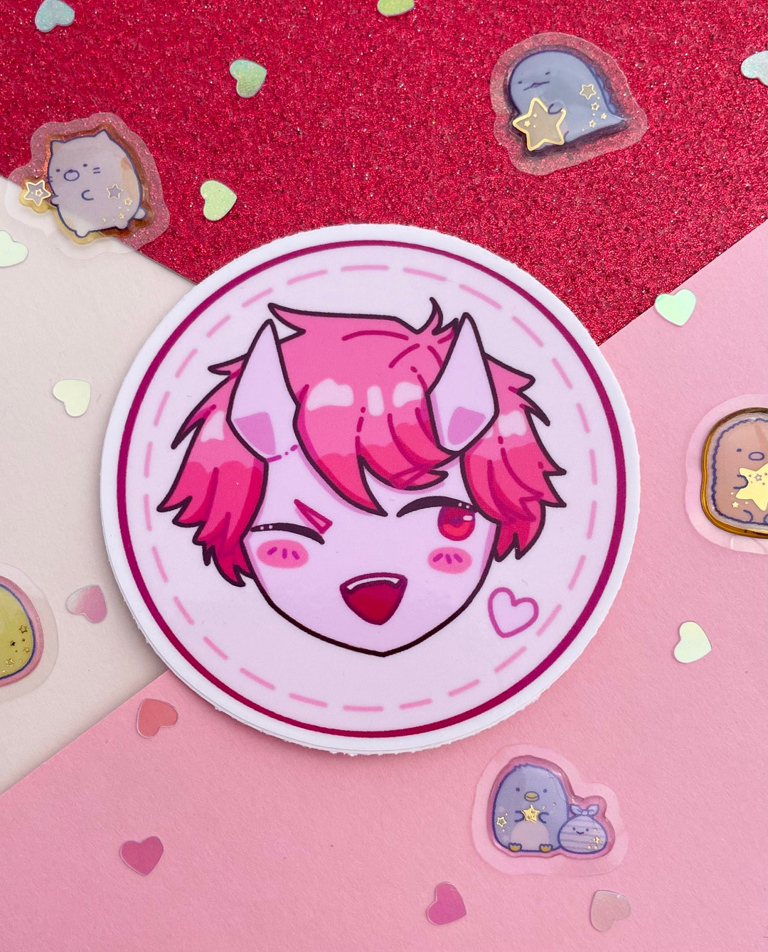 LOVE DEMON Vinyl Sticker / Anime Boy Pink Cute Kawaii Circle Sticker - Etsy