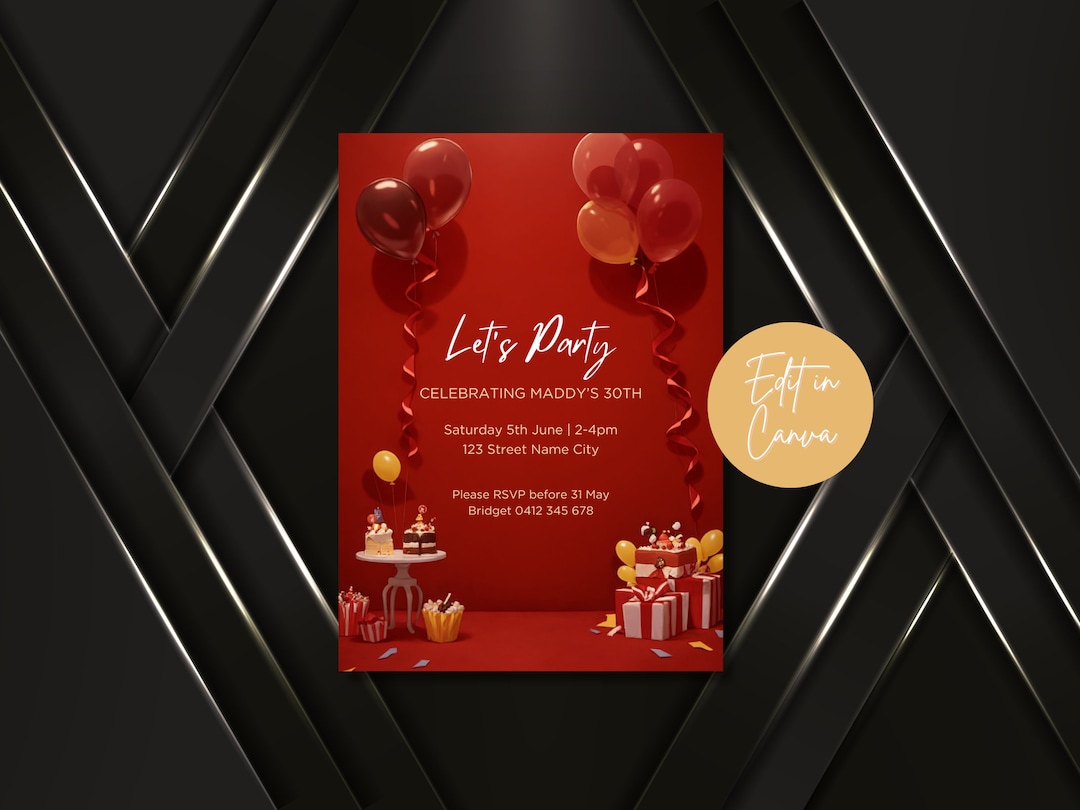 Birthday Invitation - Red Gold - Birthday Party Invite - Printable ...