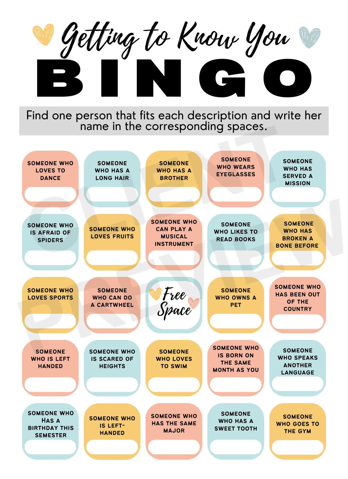 Relief Society Get to Know You Activity Friendship Bingo Speed Dating ...