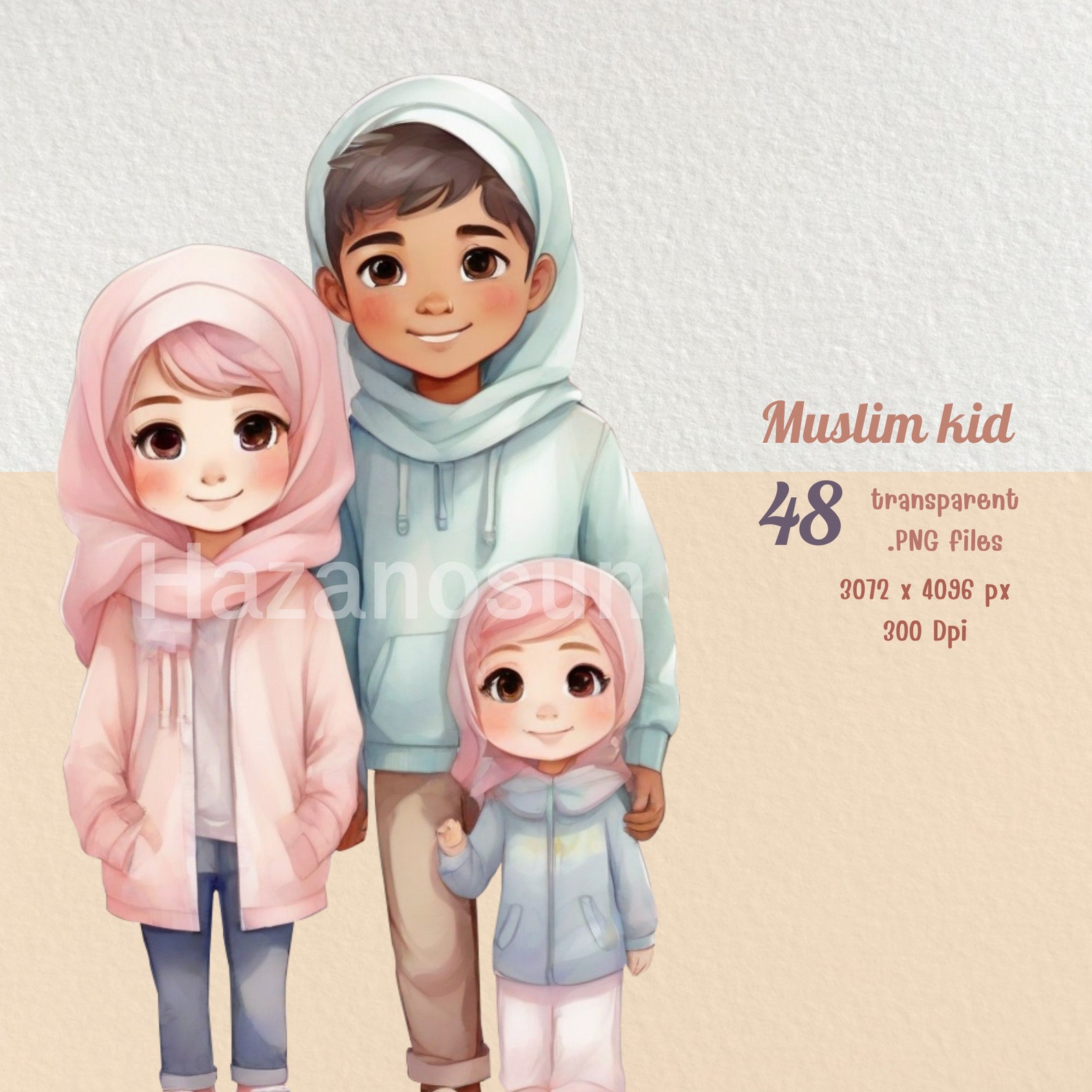 Watercolor Hijab Clipart Graphics Bundle Set of 48 Happy Anime Hijabi ...