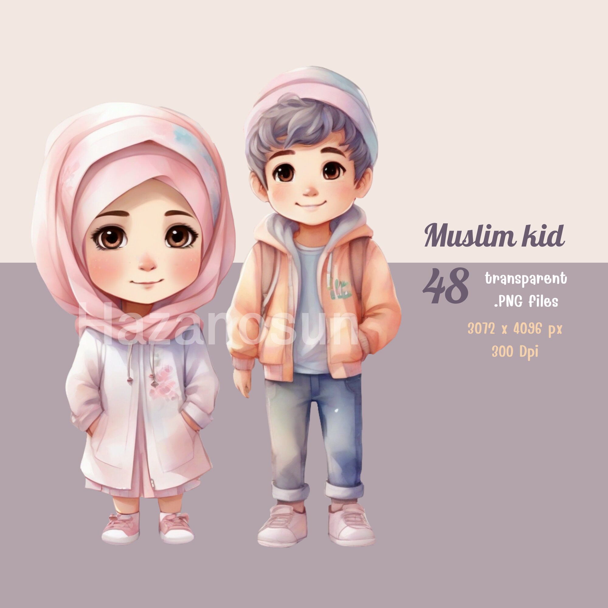 Watercolor Hijab Clipart Graphics Bundle Set of 48 Happy Anime Hijabi ...