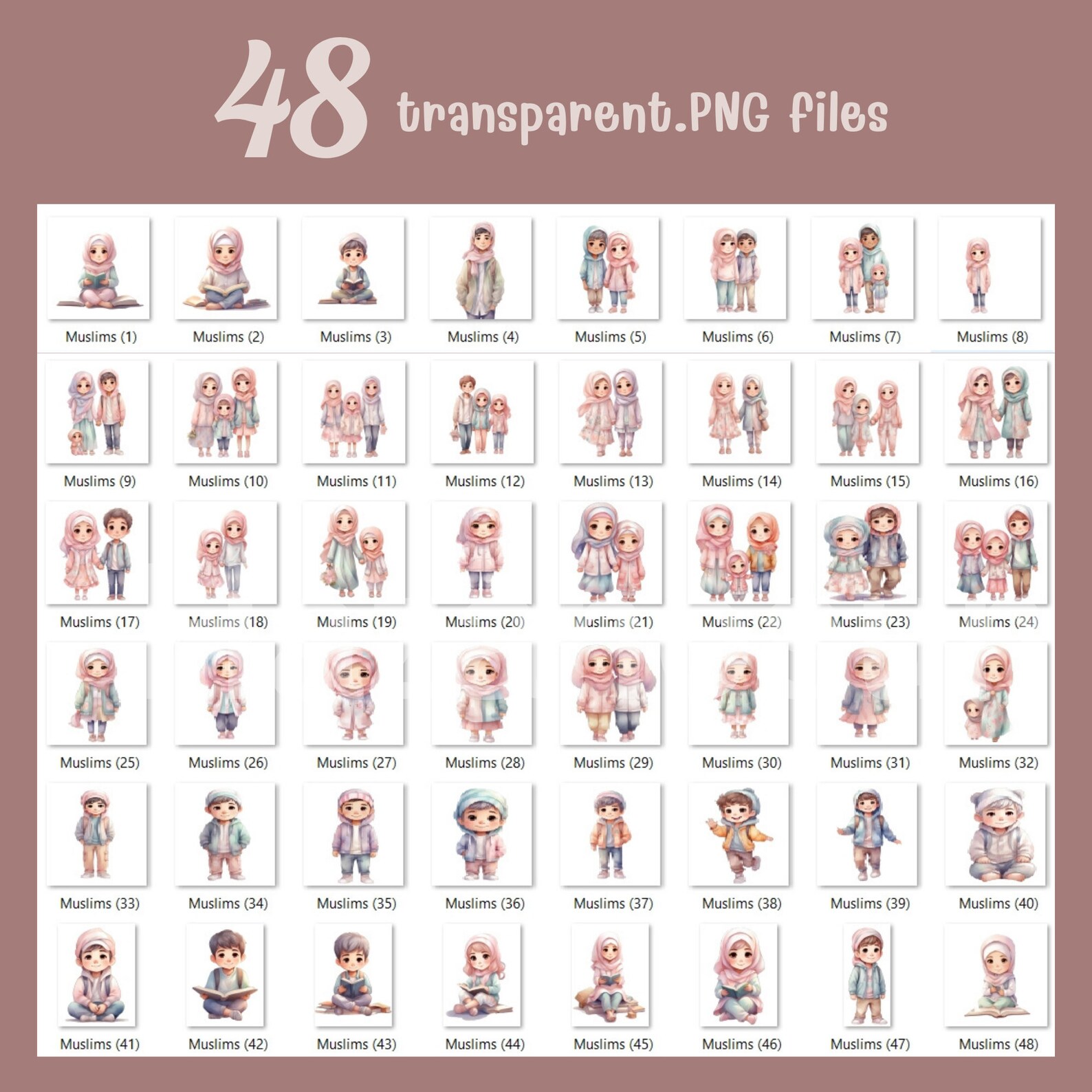 Watercolor Hijab Clipart Graphics Bundle Set of 48 Happy Anime Hijabi ...