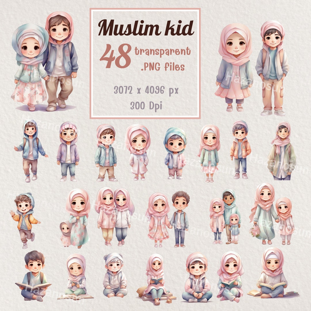 Watercolor Hijab Clipart Graphics Bundle Set of 48 Happy Anime Hijabi ...