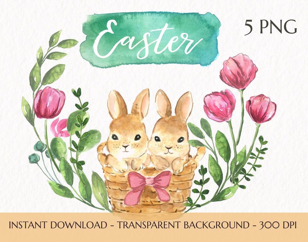 Easter Bunnies Floral Wreath Clipart, Cute Bunny, Rabbit Clipart ...