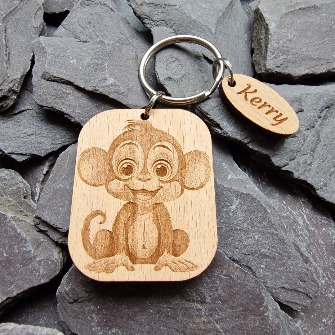 Laser Engraved Baby Monkey Beech Wood Keyring - Personalized Gift - Etsy