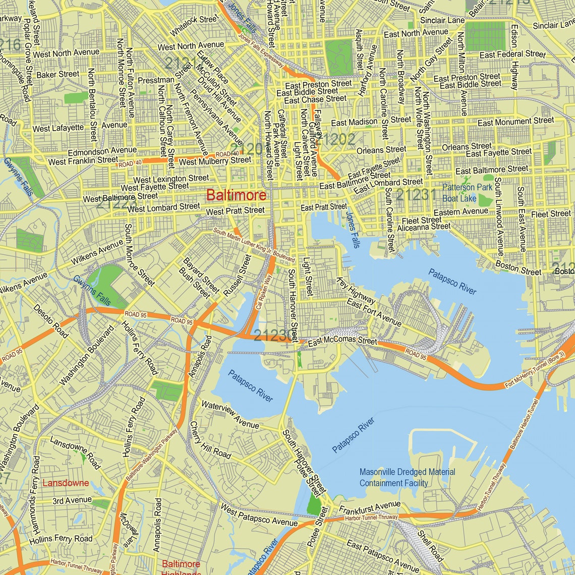 Detailed Map of Baltimore MD 1. Wall Art Map Print. Colored | Etsy