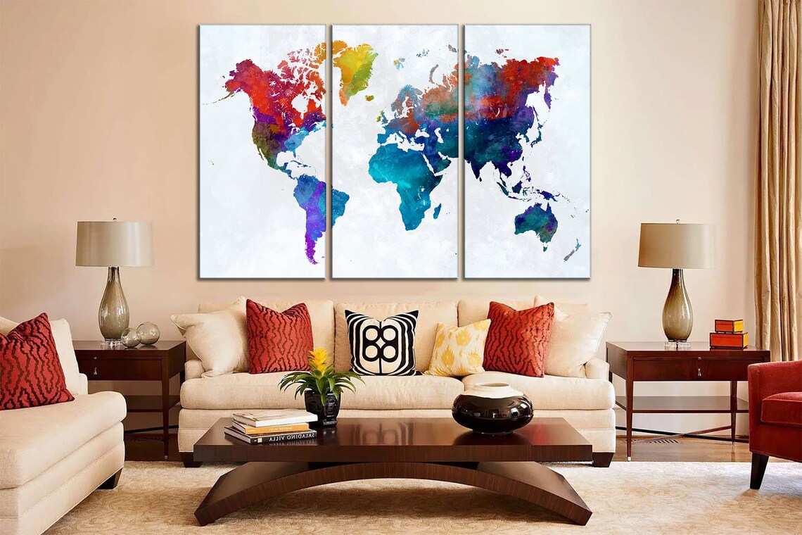World Map Canvas Wall Art Colorful Map Wall Decor Extra Large Wall Art ...