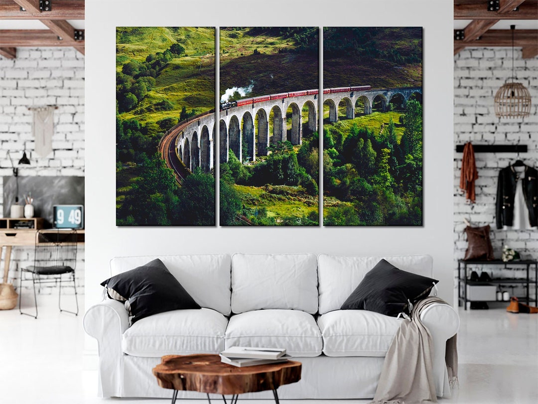 Train on Bridge Wall Art Steam Old Train Canvas Locomotive Wall Art ...