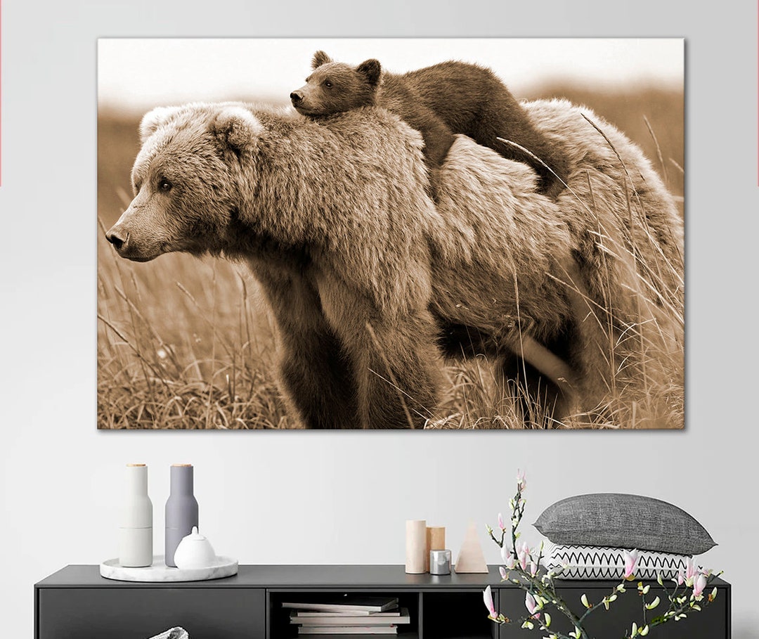 Bear and Baby Sepia Canvas Print Art Bear Cub Livingroom Wall Decor ...
