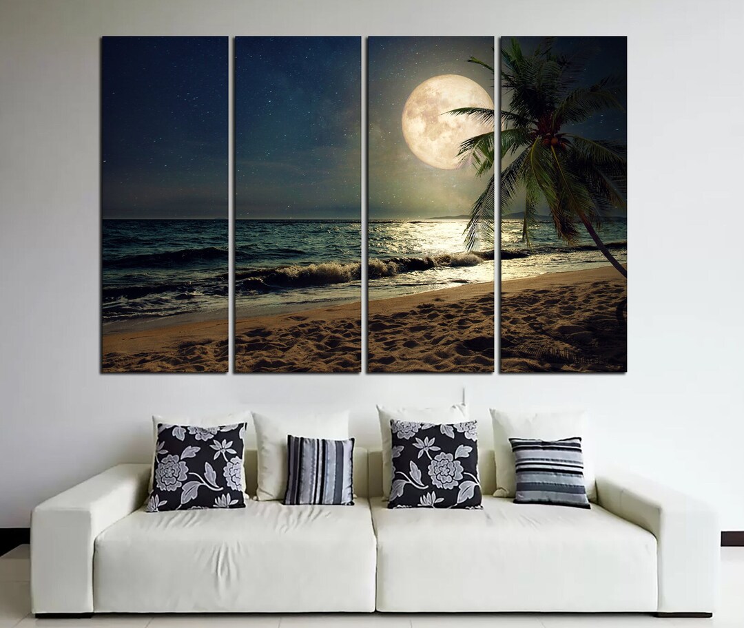 Moon Beach Canvas Wall Art Huge Full Moon Over Ocean Art Sea Landscape ...