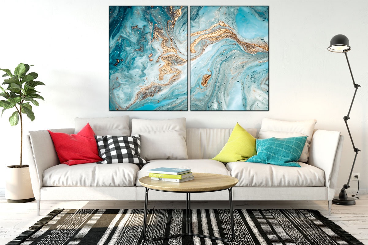 Abstract blured marble wall art Turquoise and yellow gold | Etsy