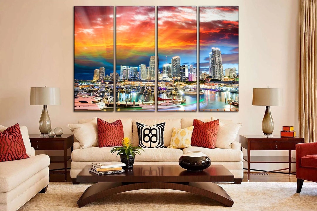 Miami Skyline Canvas Wall Art Cityscape Wall Decor Miami at Sunset ...