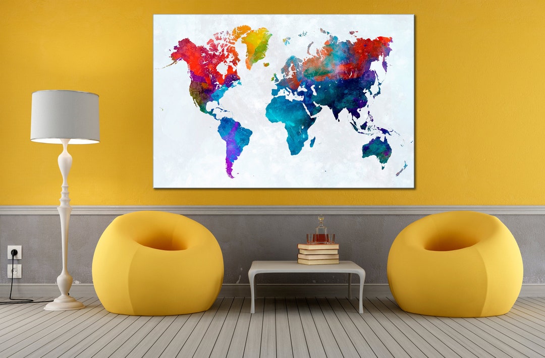 World Map Canvas Wall Art Colorful Map Wall Decor Extra Large Wall Art ...