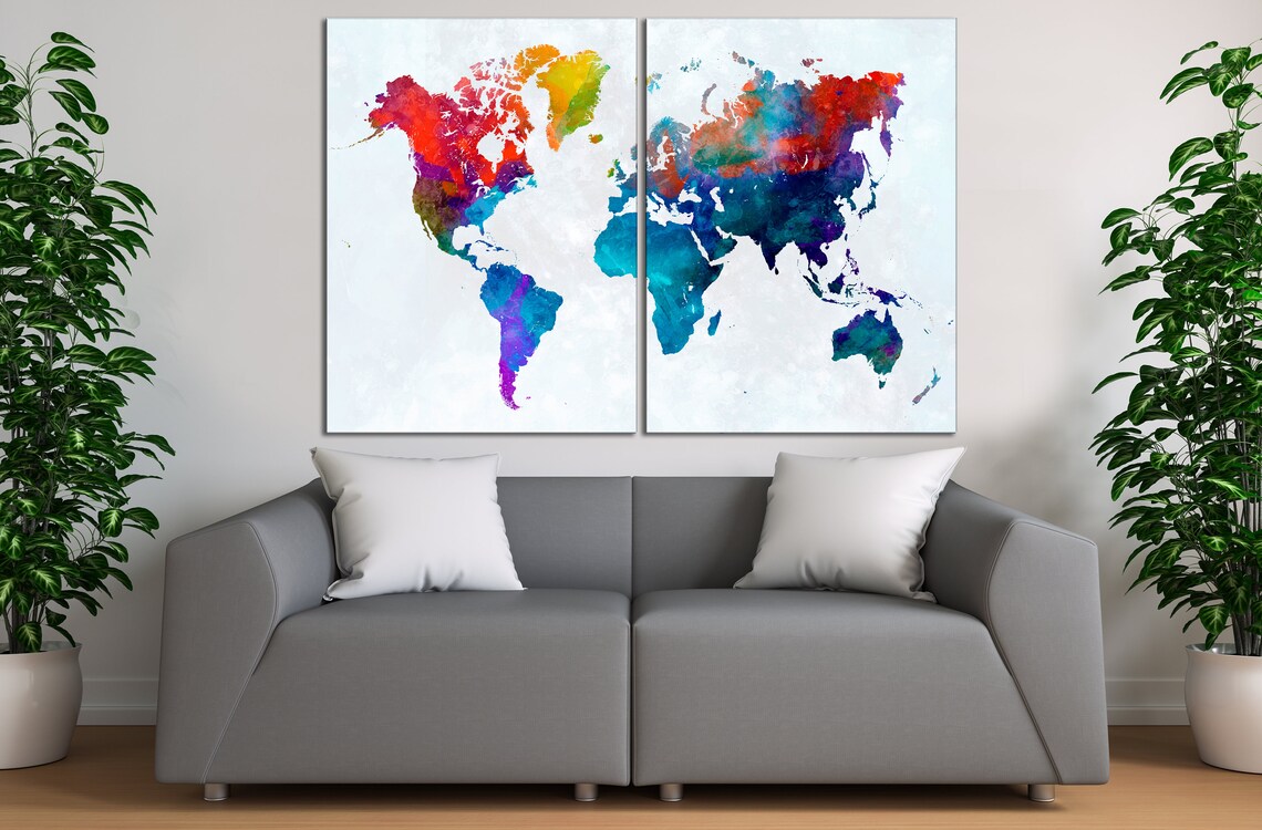 World Map Canvas Wall Art Colorful Map Wall Decor Extra Large Wall Art ...
