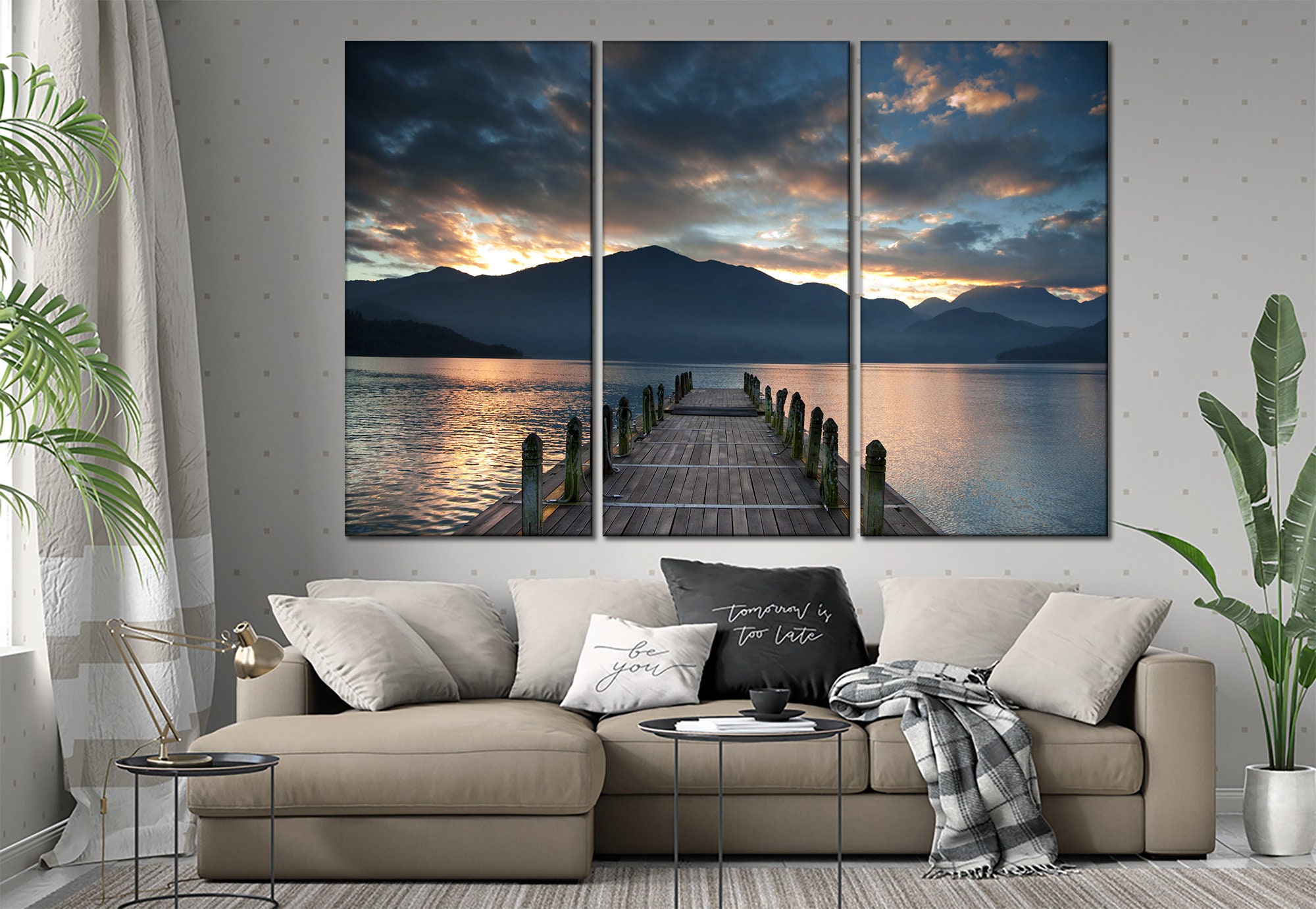 Cloudy Lake Wall Art Sunset Dock Canvas Cloudy Mountain Canvas Art Sunset Canvas Lake Canvas ...
