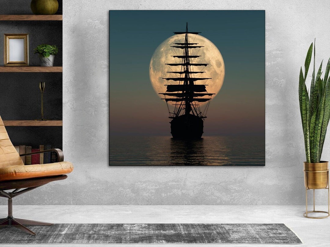 Sailboat and Moon Wall Art Ocean Canvas Wall Art Ship Canvas Print Moon ...