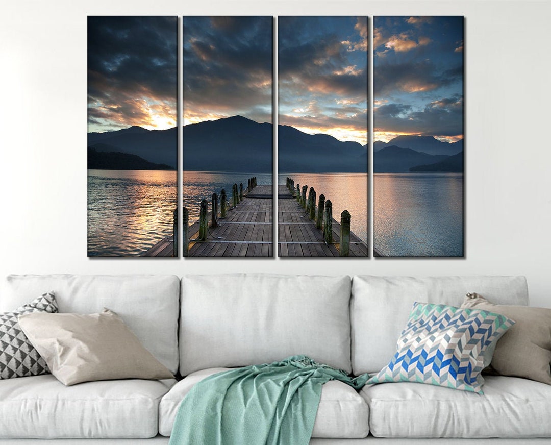 Cloudy Lake Wall Art Sunset Dock Canvas Cloudy Mountain Canvas Art Sunset Canvas Lake Canvas ...