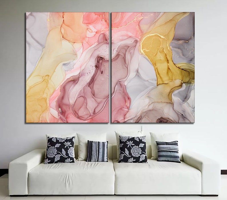 Abstract Canvas Wall Art Pink and Gold (yellow) Wall Decor Marbling ...