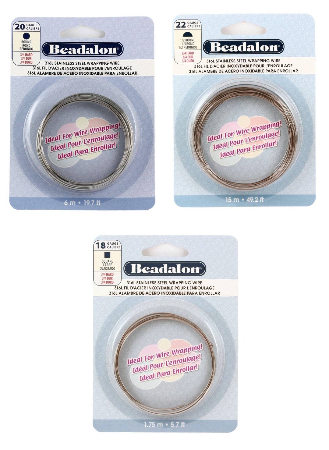 Beadalon 316L Stainless Steel Wrapping Wire: Round, Square, Half Round ...