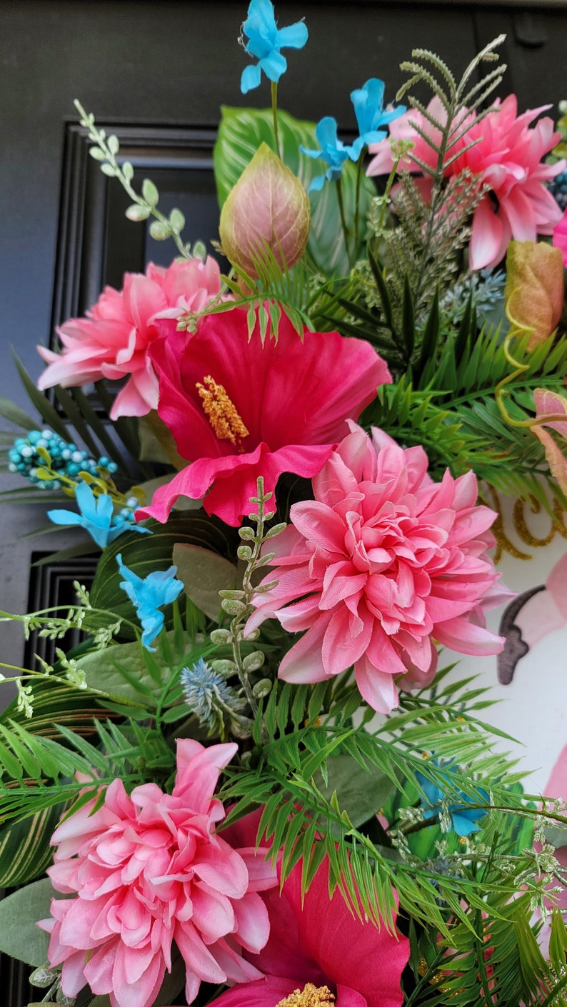 Pink Flamingo Tropical Summer Welcome Wreath, Pink Hibiscus and Dahlia ...