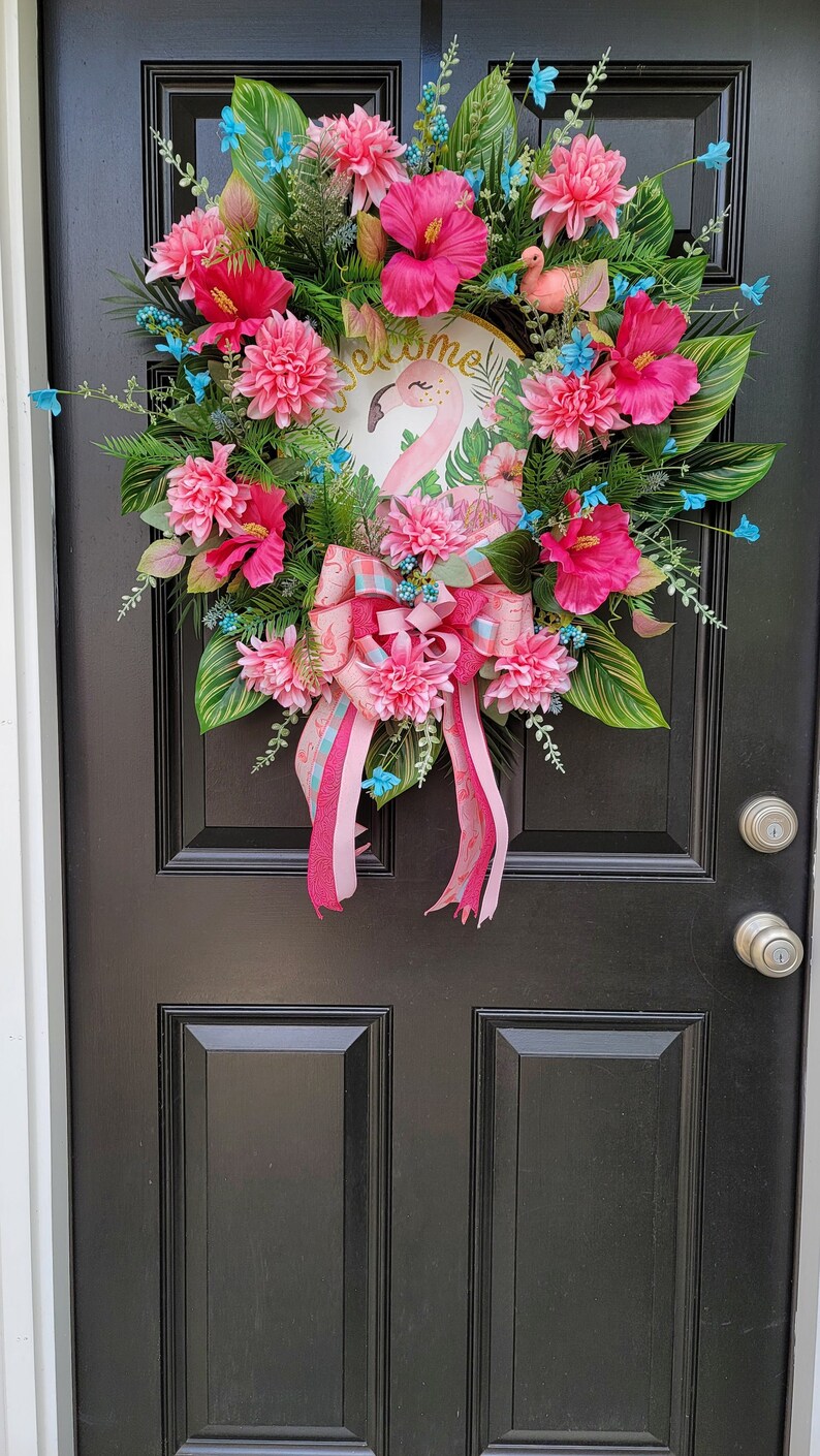 Pink Flamingo Tropical Summer Welcome Wreath, Pink Hibiscus and Dahlia ...