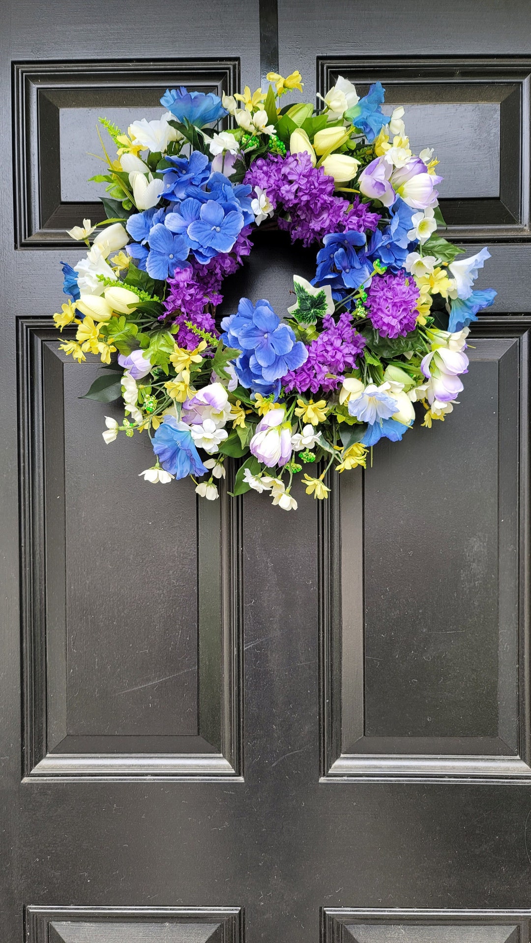 Purple Spring Hydrangea Wreath, Yellow Wildflower Entryway Wreath ...