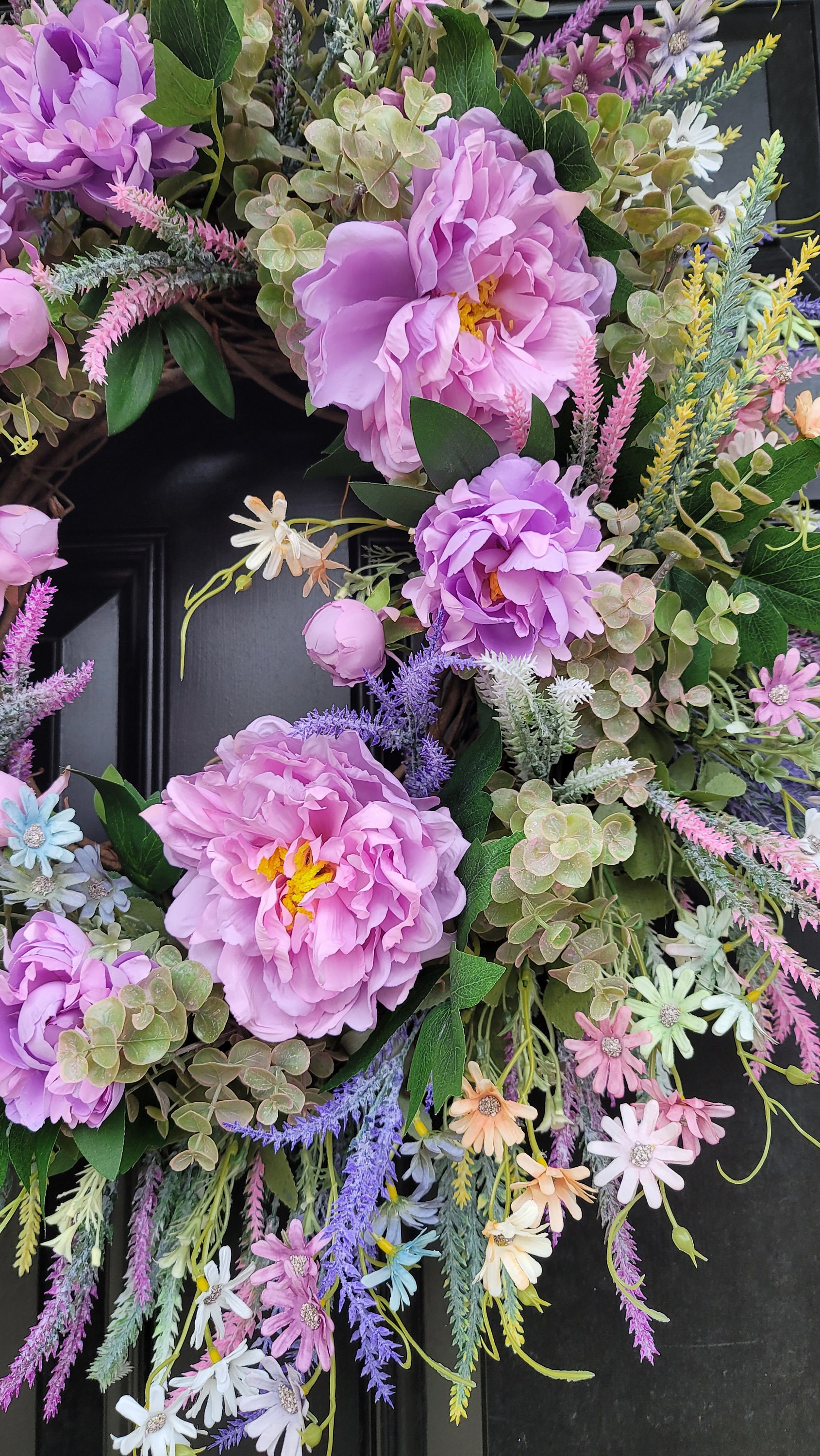 Purple Spring Peony Wildflower Wreath, Lavender and Eucalyptus Front ...