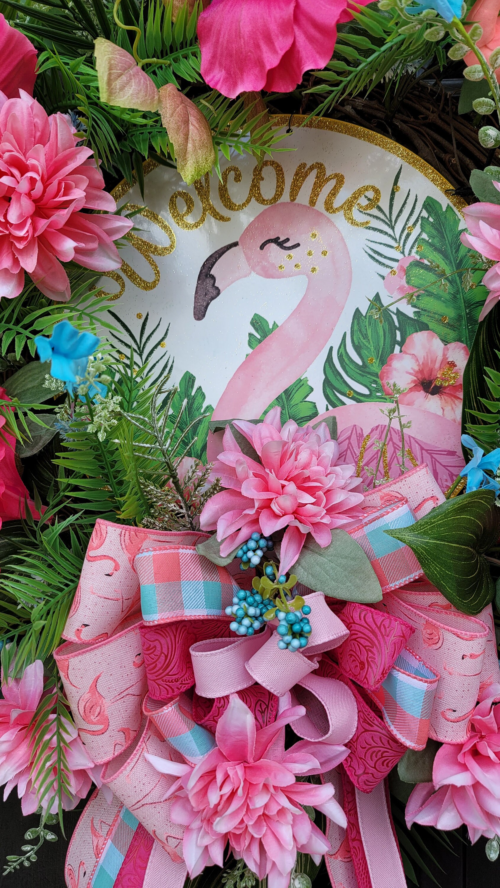 Pink Flamingo Tropical Summer Welcome Wreath, Pink Hibiscus and Dahlia ...