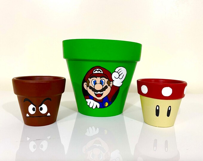 Super Mario, Toad and Goomba Hand Painted Flower Pot - Etsy