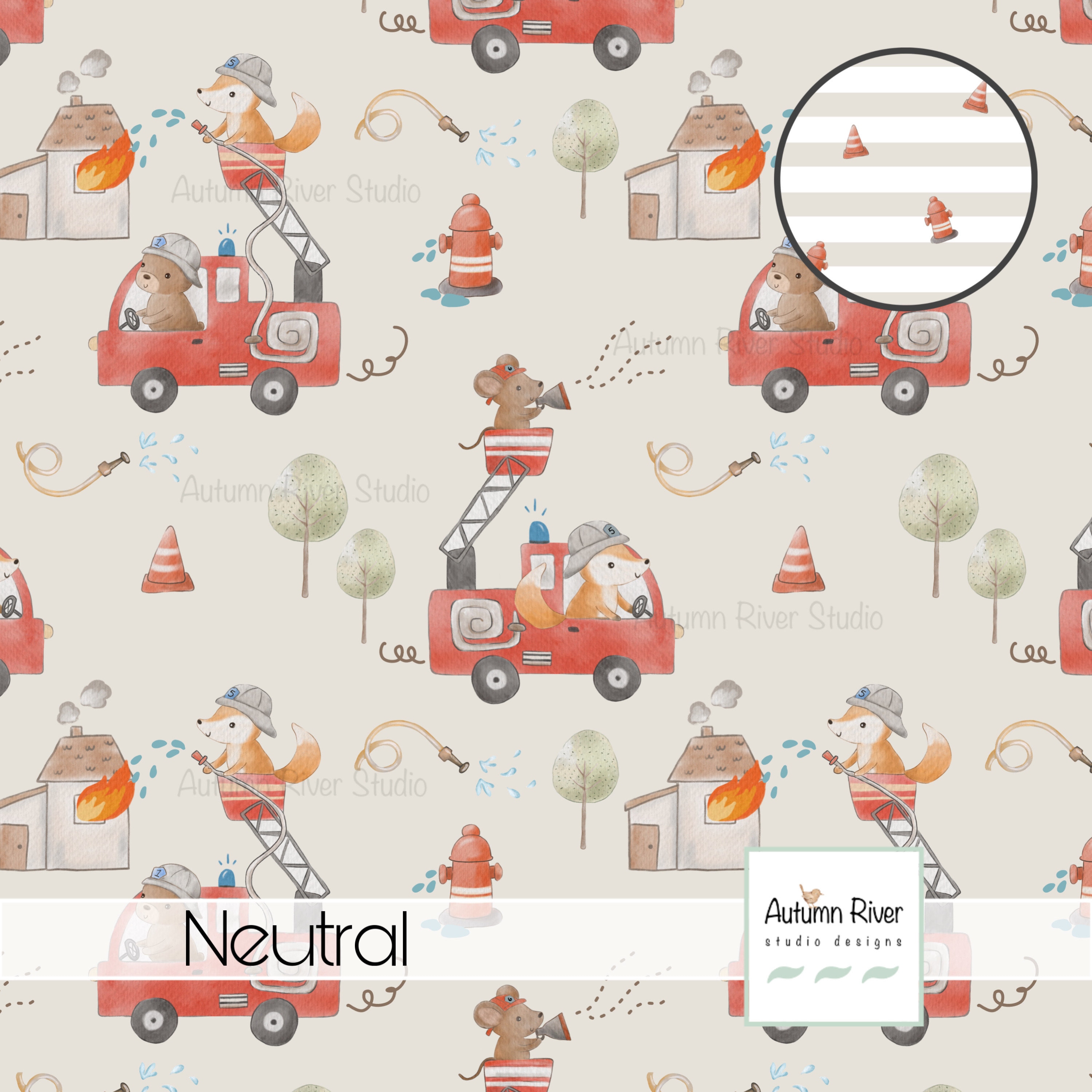 Firefighters Seamless Fabric Pattern, Firemen Firetrucks Fire-engine ...