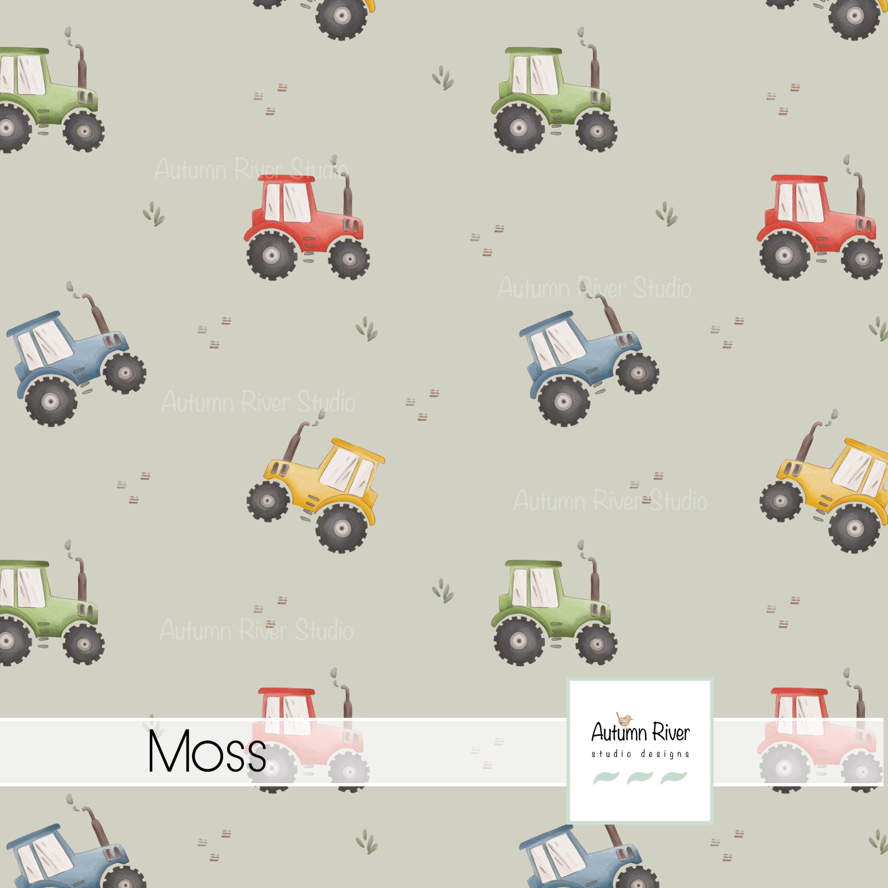 Colorful Tractor Seamless Fabric Pattern, Moss, Farm Vehicle ...