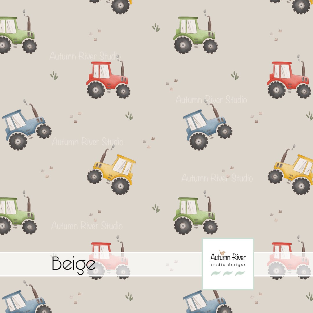 Colorful Tractor Seamless Fabric Pattern, Red Yellow Blue Green, Beige ...