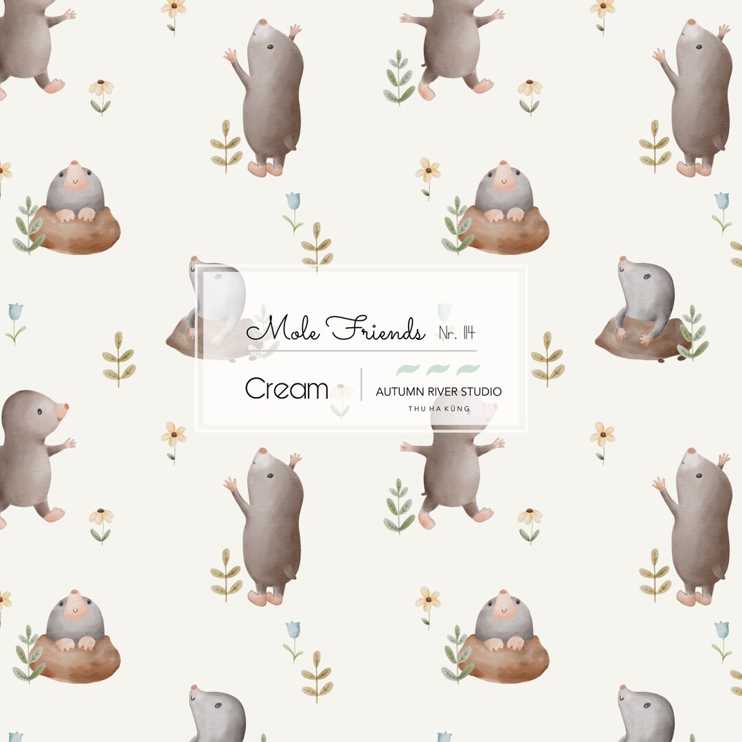 Mole Friends Seamless Fabric Pattern, Textile Design, Flowers, Meadow, Brown Moles, Cute, Kids ...