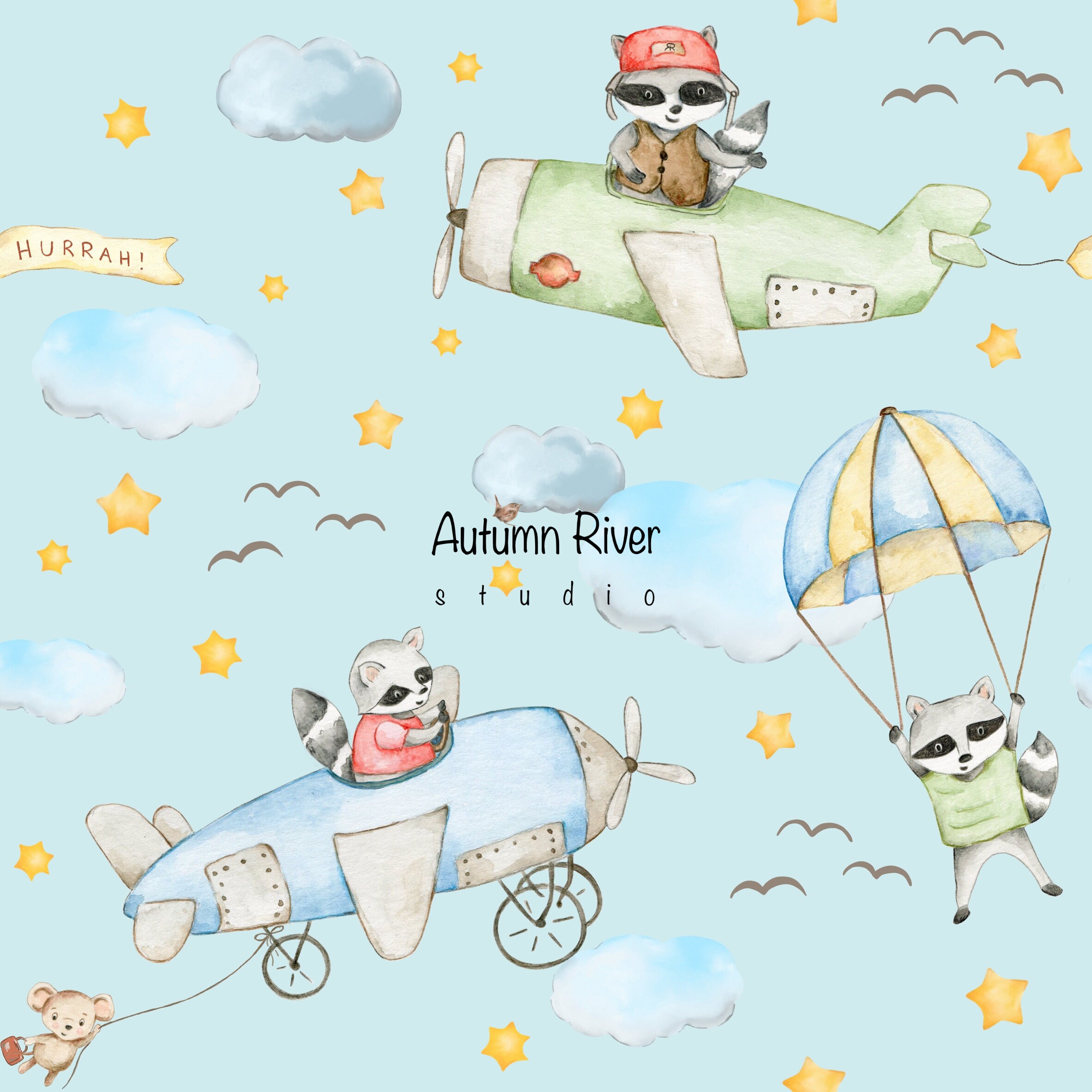 Pilot Raccoons Flying Planes Seamless Pattern, Fabric, Textile Design ...