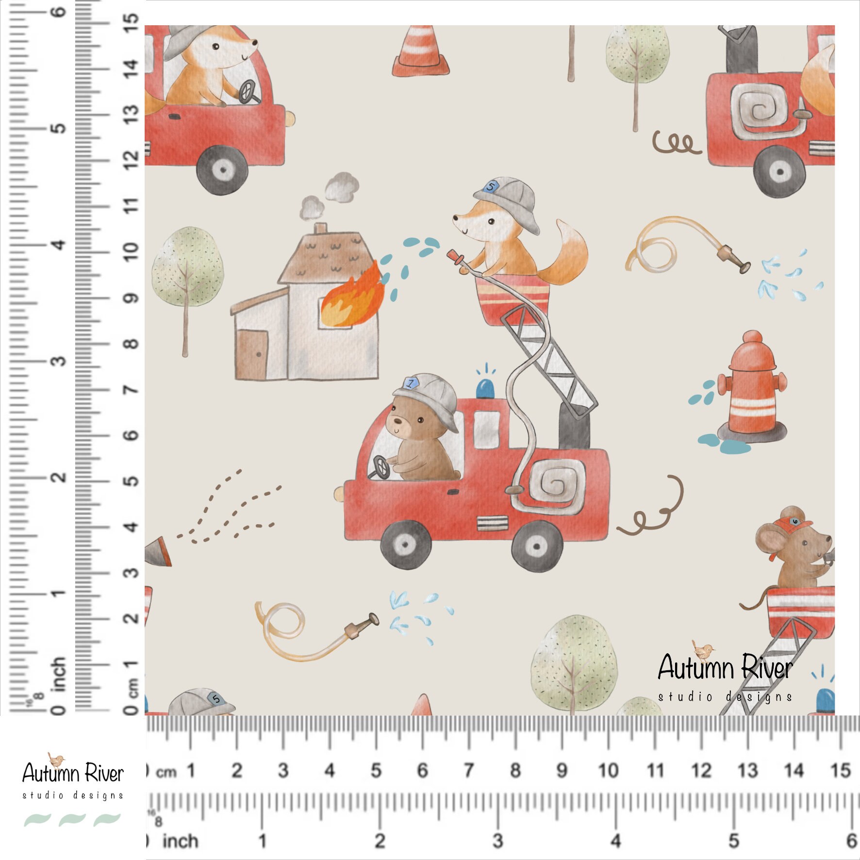 Firefighters Seamless Fabric Pattern, Firemen Firetrucks Fire-engine Textile Design, Mouse, Fox ...