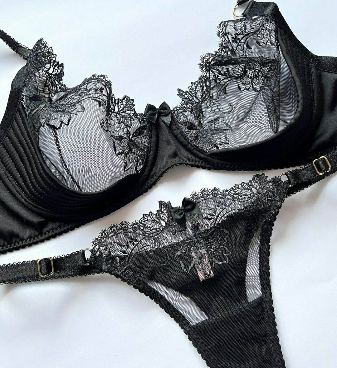 Luxury Black Floral Lace Lingerie Set Handmade Sexy Silk Lingerie