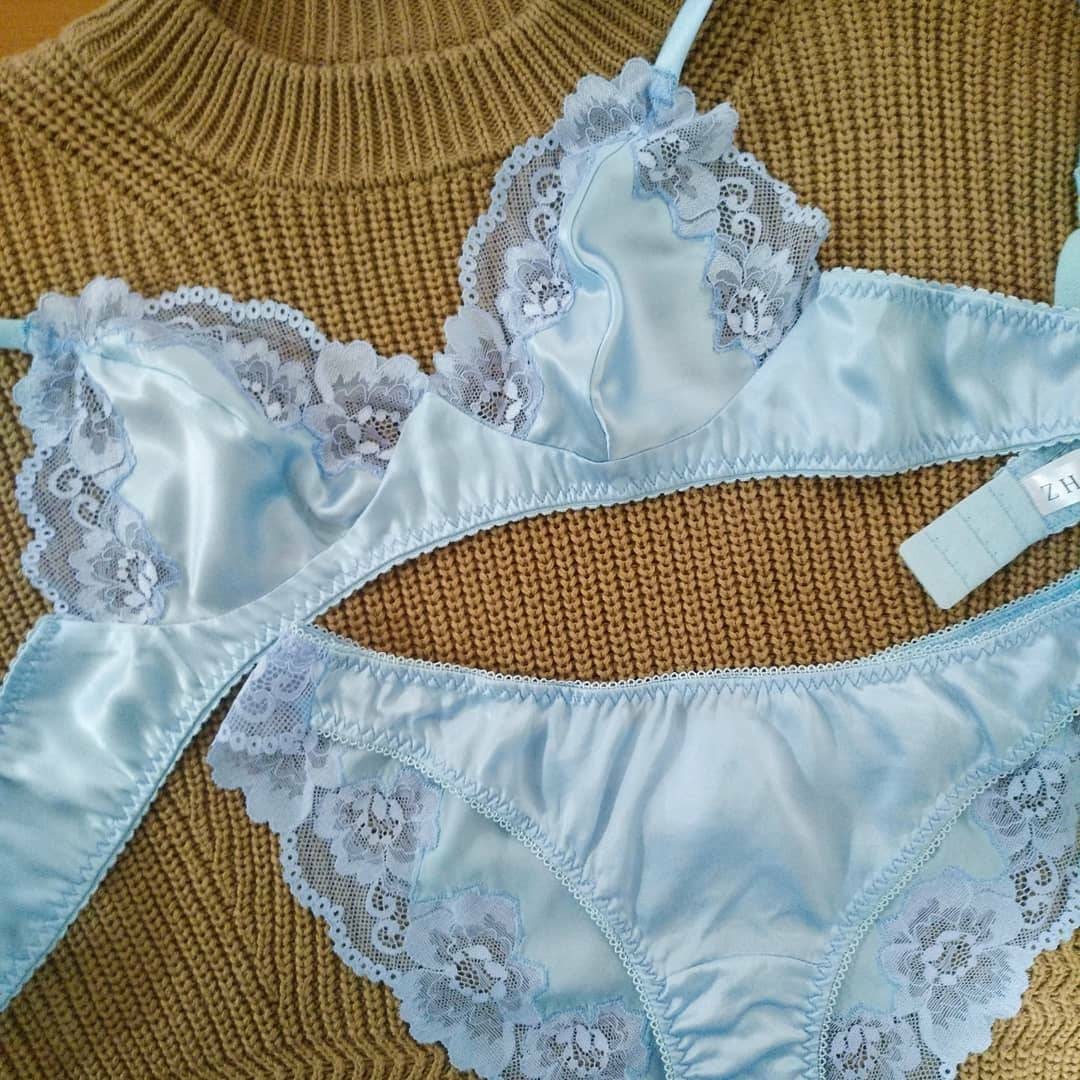 Handmade Blue Silk Lingerie Set, Minimalist Bralette, Luxury French Set ...