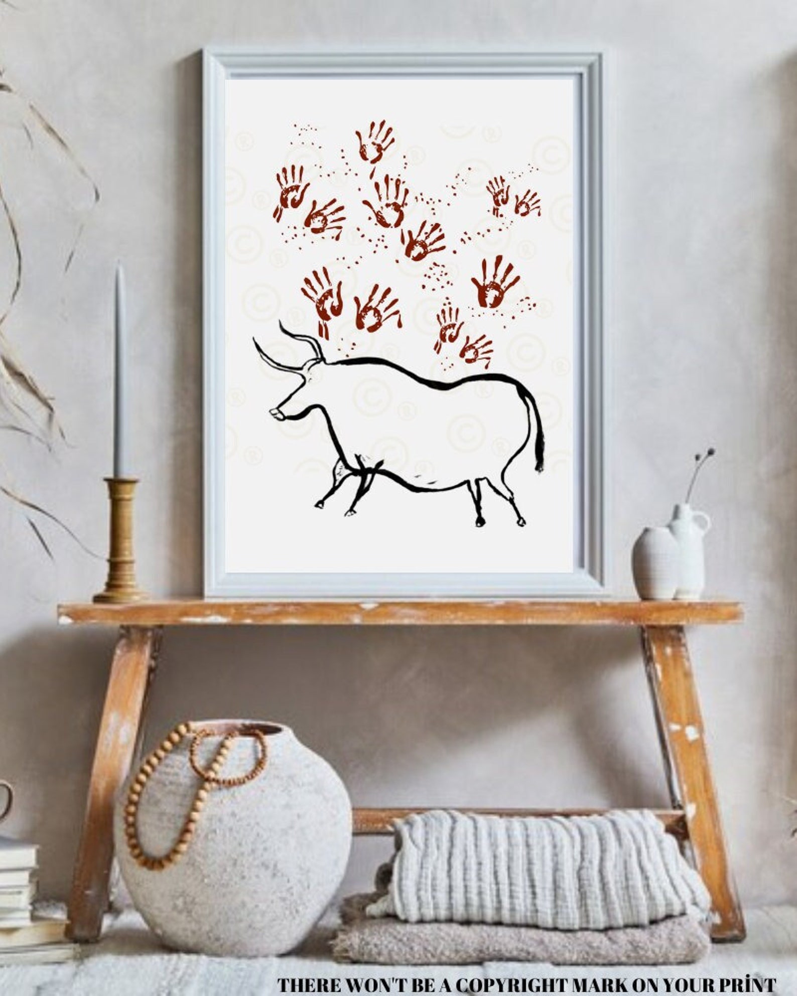 Lascaux Cave Art Print, Bison and Hand Prints, Prehistoric Wall Decor ...