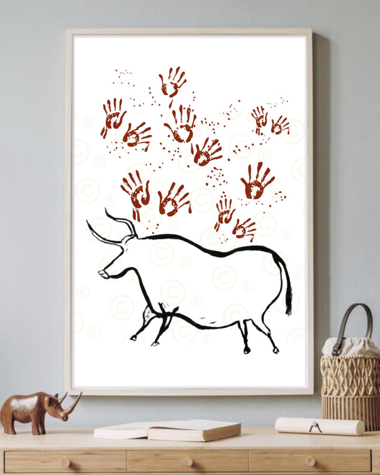 Lascaux Cave Art Print, Bison and Hand Prints, Prehistoric Wall Decor ...