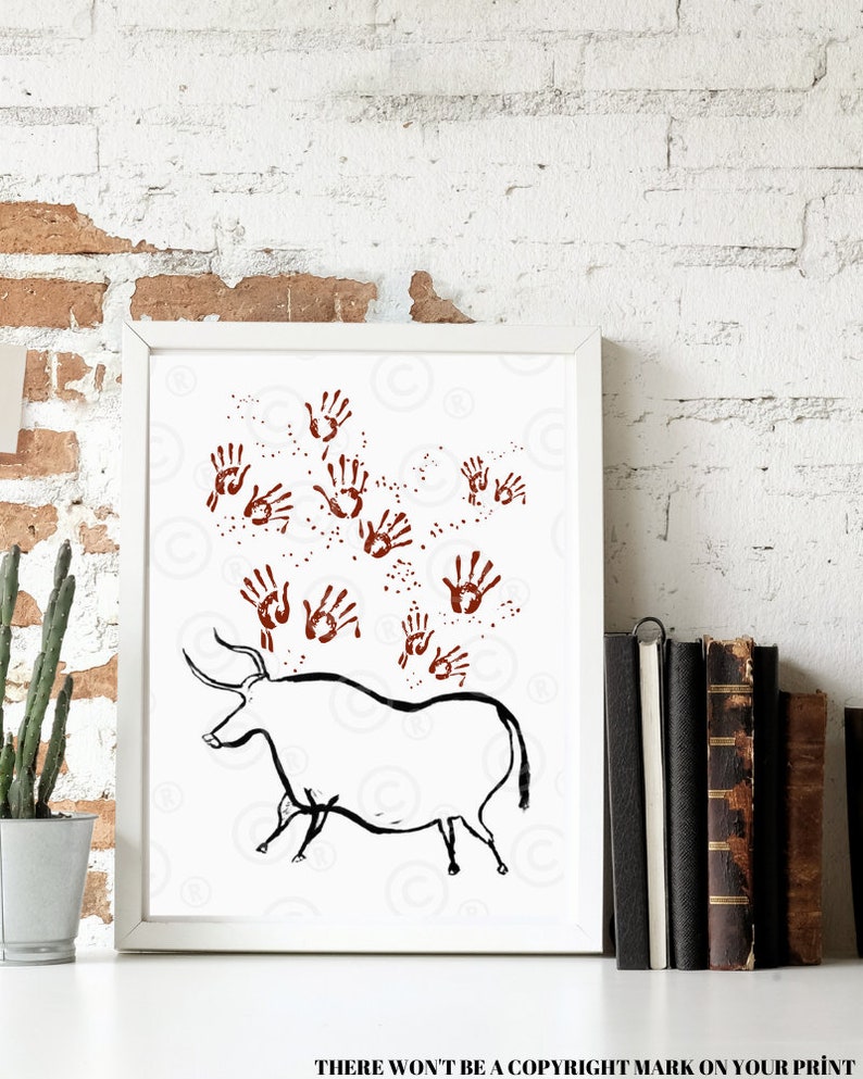 Lascaux Cave Art Print, Bison and Hand Prints, Prehistoric Wall Decor ...