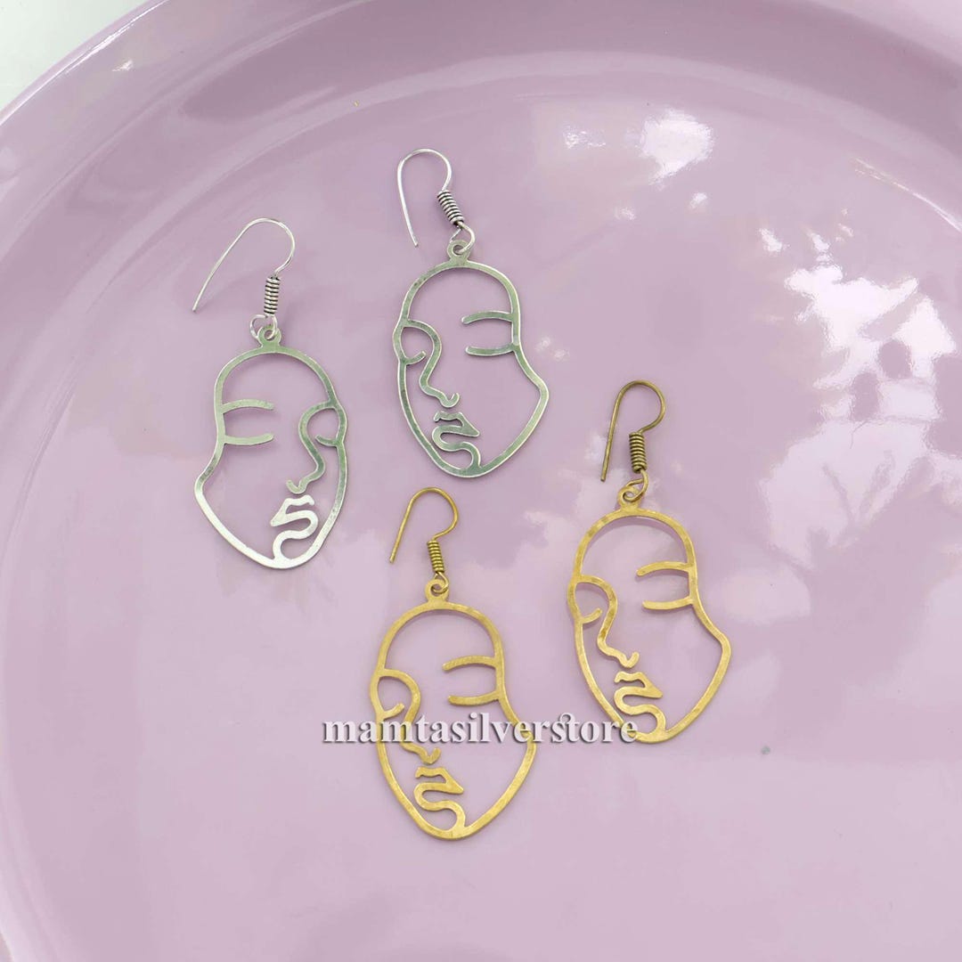 Abstract Face Earrings, Minimalist Line Art Earrings, Gold and Silver ...