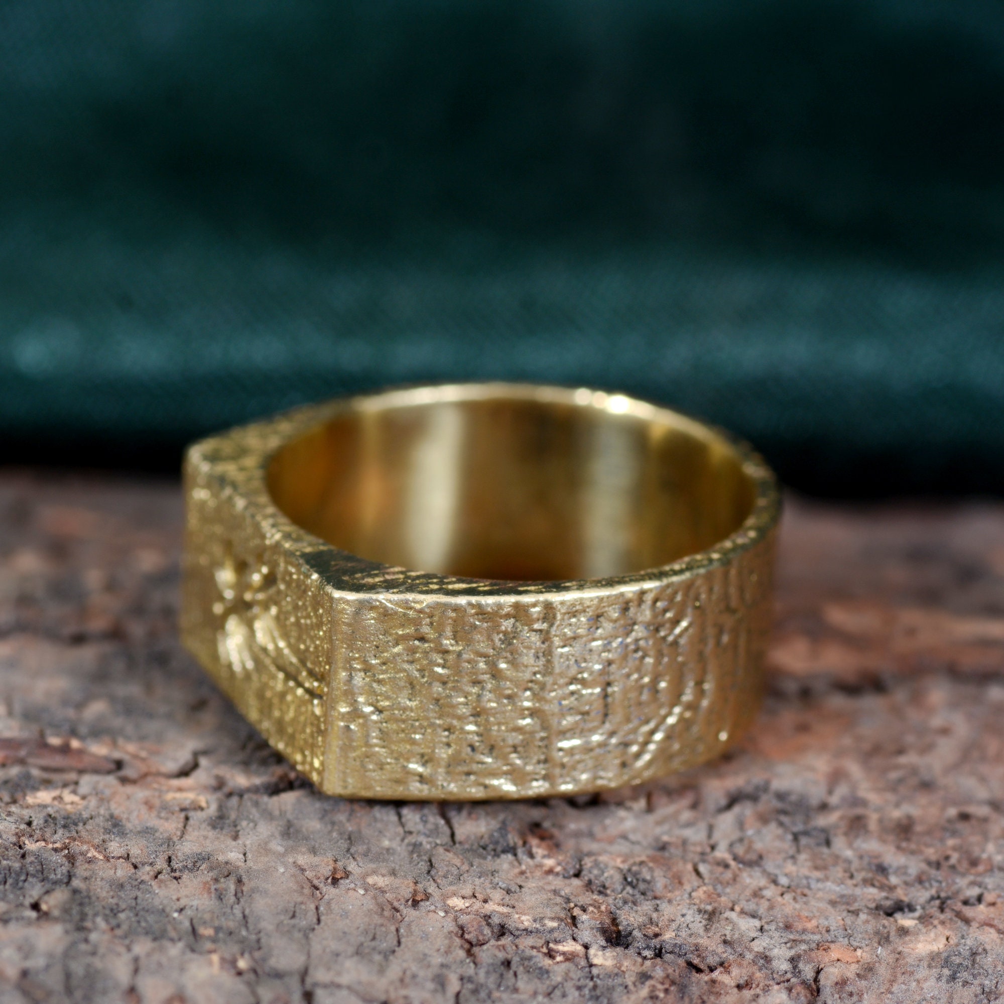 Handmade Brass Signet Ring, Engraved Floral Ring, Rustic Gold Band ...
