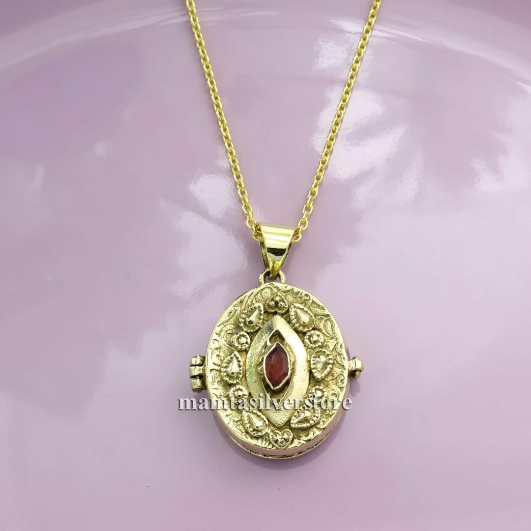 Poison Box Locket Necklace, Gold Brass Hidden Compartment Pendant, Red ...